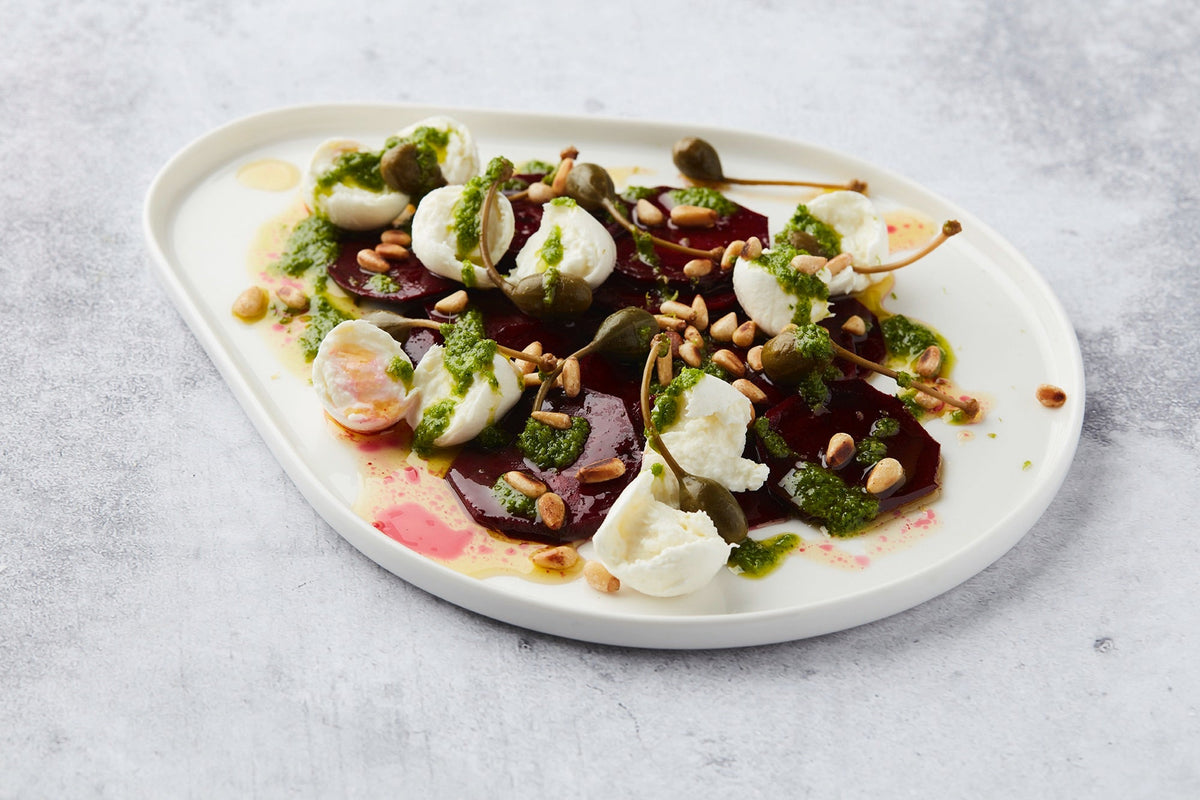 Smoked beets in the smoker with buffalo mozzarella and basil oil ...